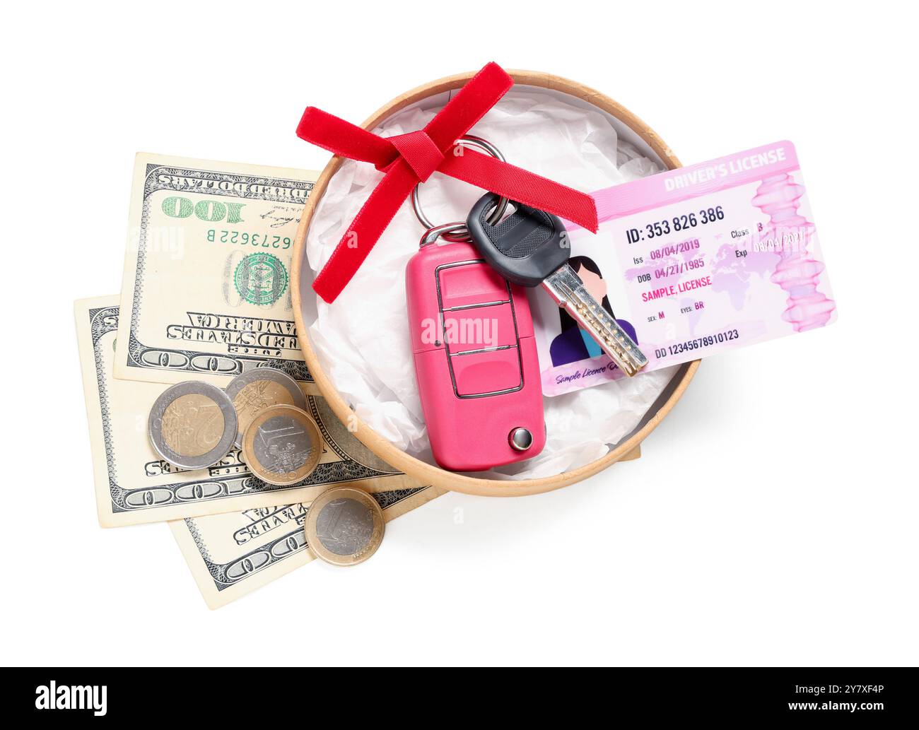 Gift box with keys of new car, driver license and money on white ...