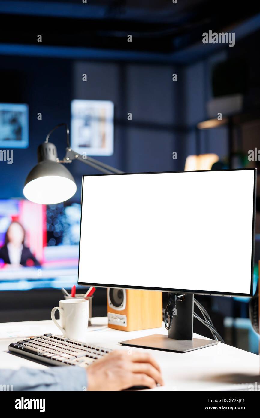 Remote worker looking at white template on pc monitor, sitting at home ...