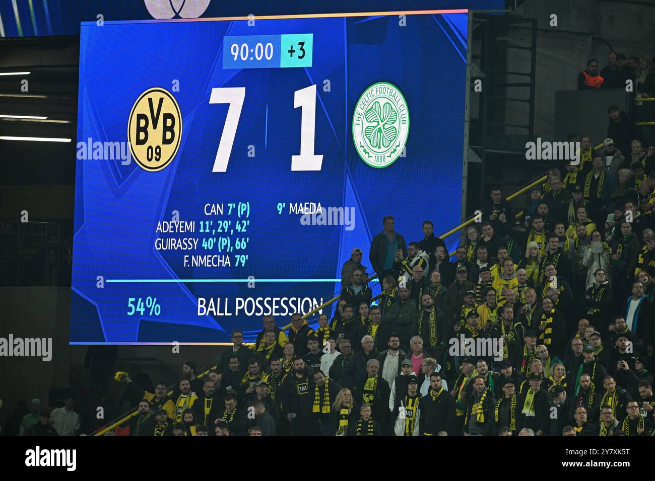The 7-1 scoreline is shown on a big screen during the UEFA Champions ...