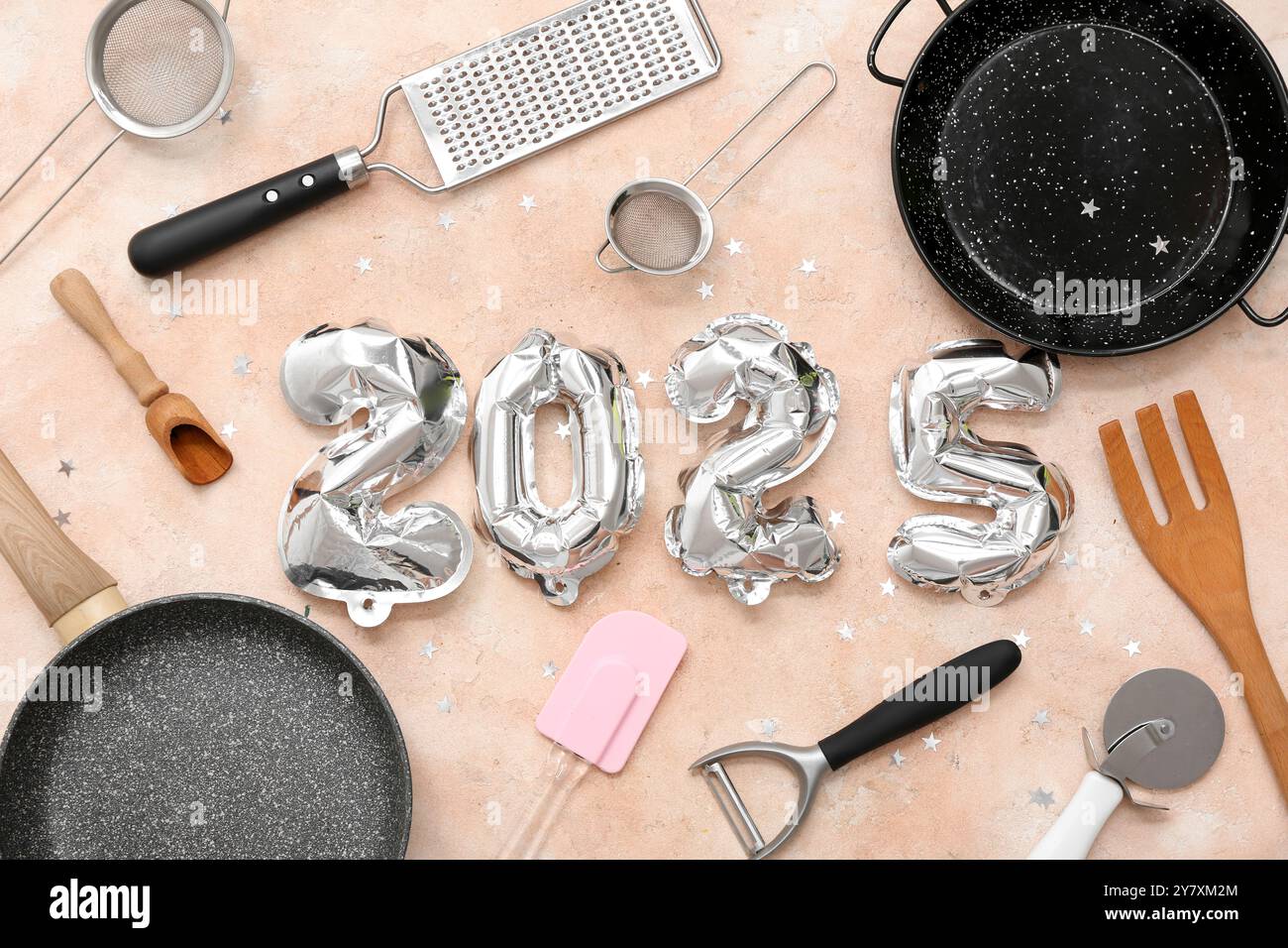 Figure 2025 with cooking utensils on grunge background Stock Photo - Alamy