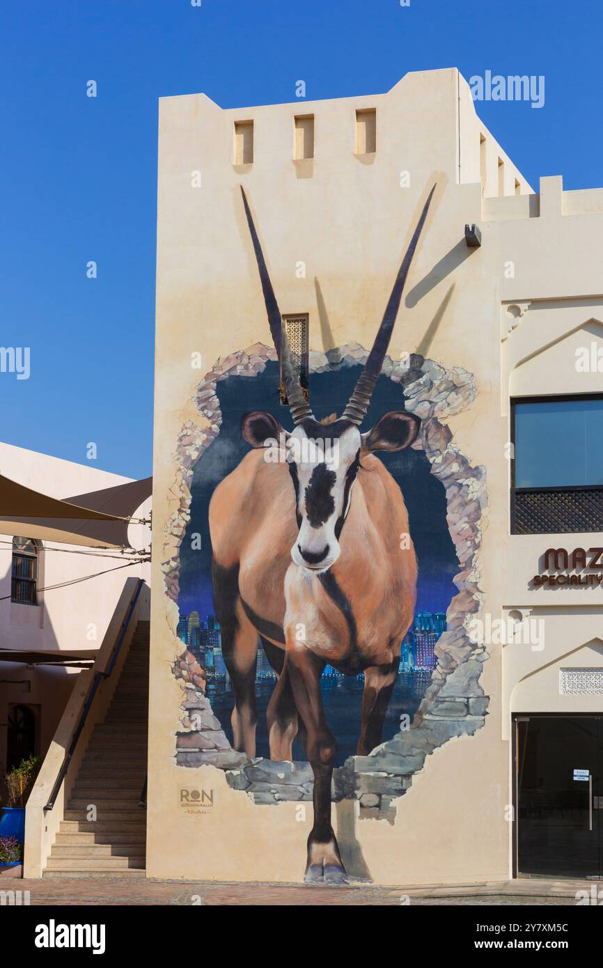 A beautiful mural of an Arabian oryx (national animal of Qatar) at the ...