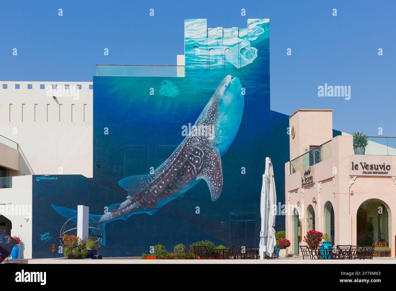 A beautiful wall painting of a whale shark swimming towards the surface ...