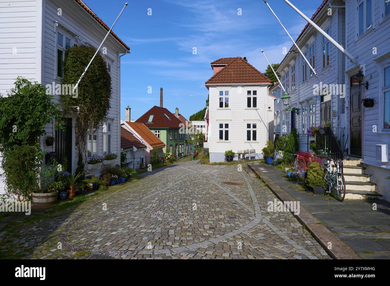 A quiet cobbled street in Bergen's old town centre, with traditional ...