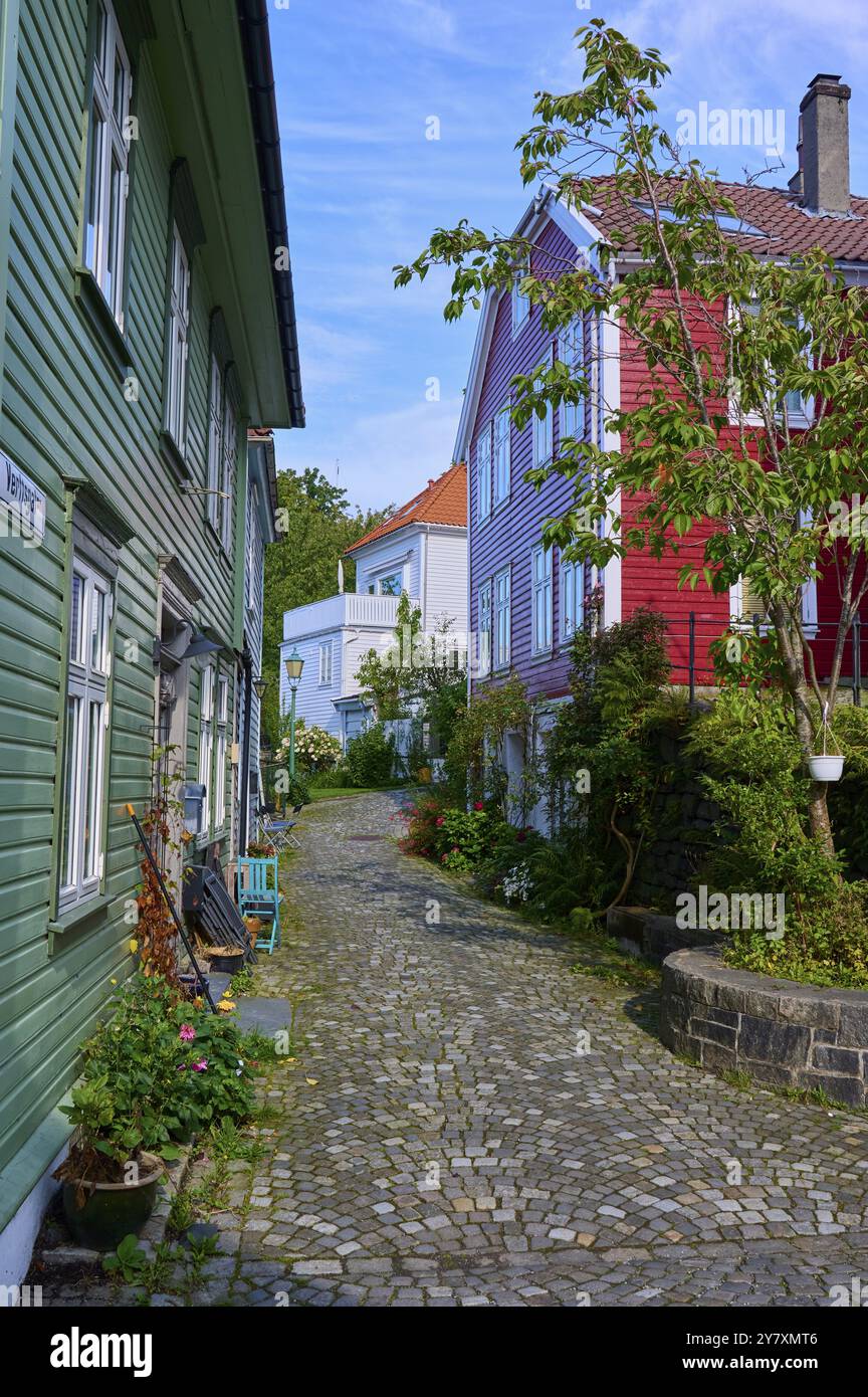 A quiet cobbled street in Bergen's old town centre, with traditional ...