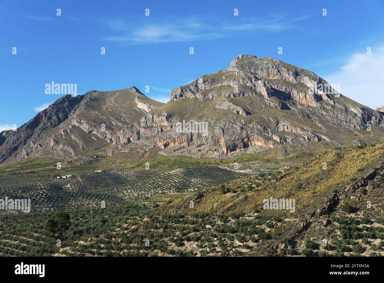 Large mountains and green hills under a clear blue sky, a picturesque ...