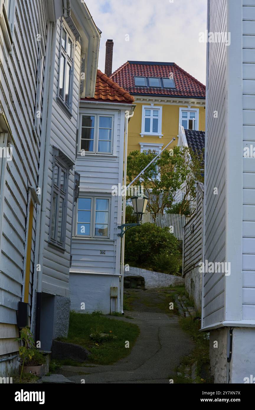 A quiet cobbled street in Bergen's old town centre, with traditional ...