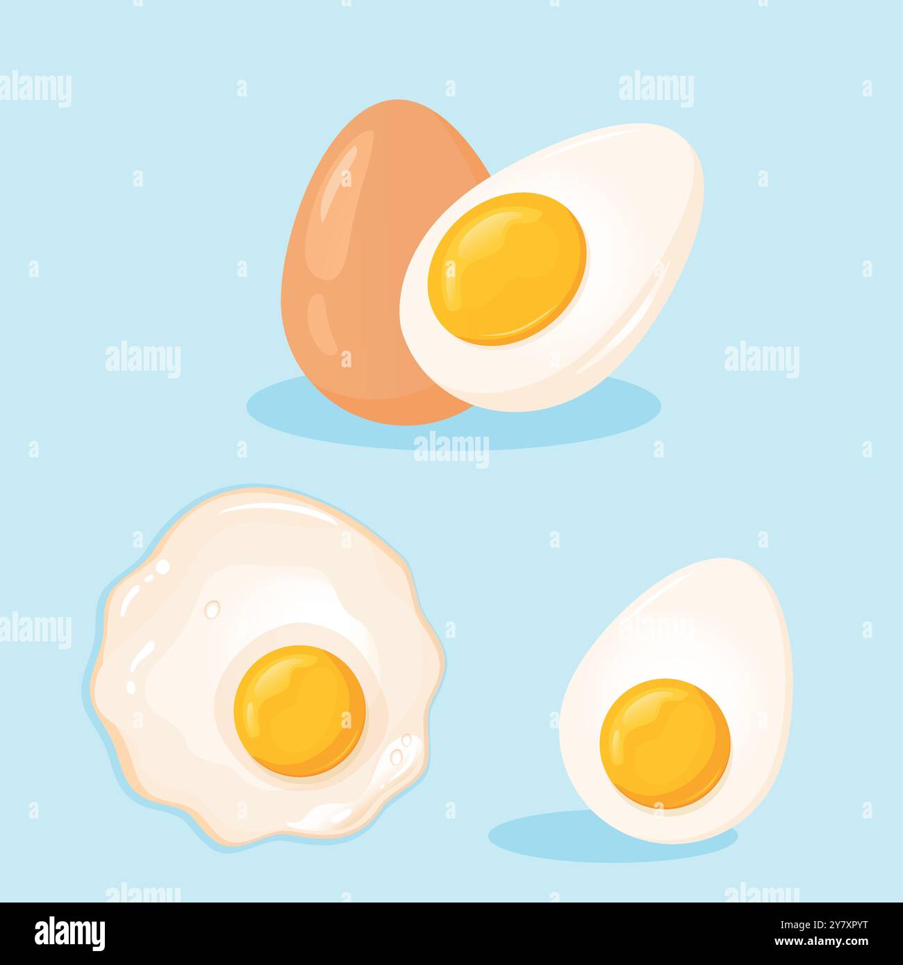 Set of chicken eggs. Sunny side up Fried egg, Boiled egg, and whole egg ...