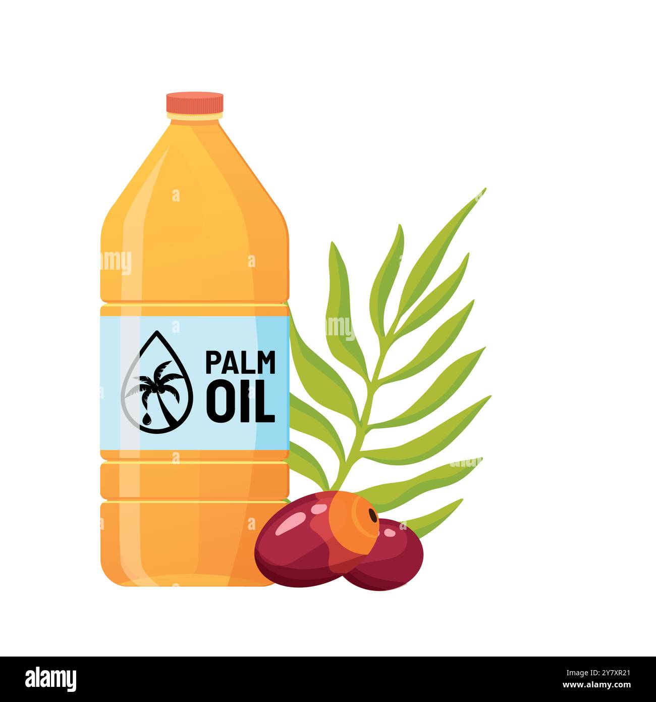 Palm oil fruits and Palm leaf behind big bottle of palm oil against ...