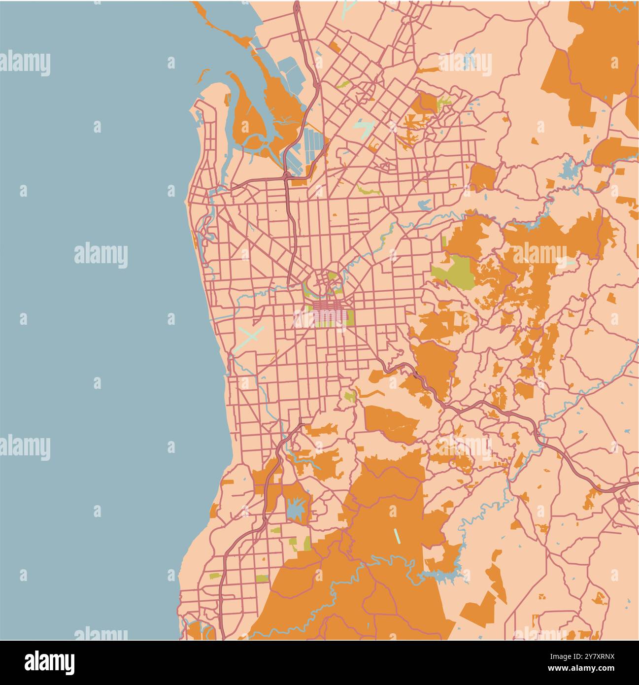 Map of Adelaide in Australia in a sandy theme. Contains layered vector with roads water, parks ...