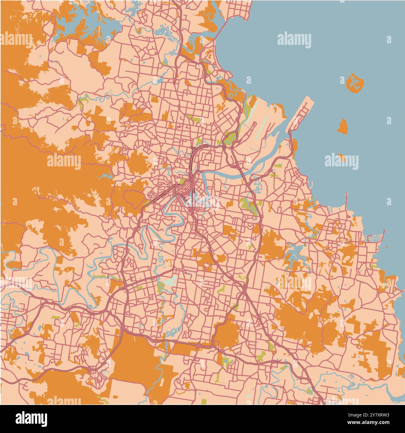 Map of Brisbane in Australia in a sandy theme. Contains layered vector ...