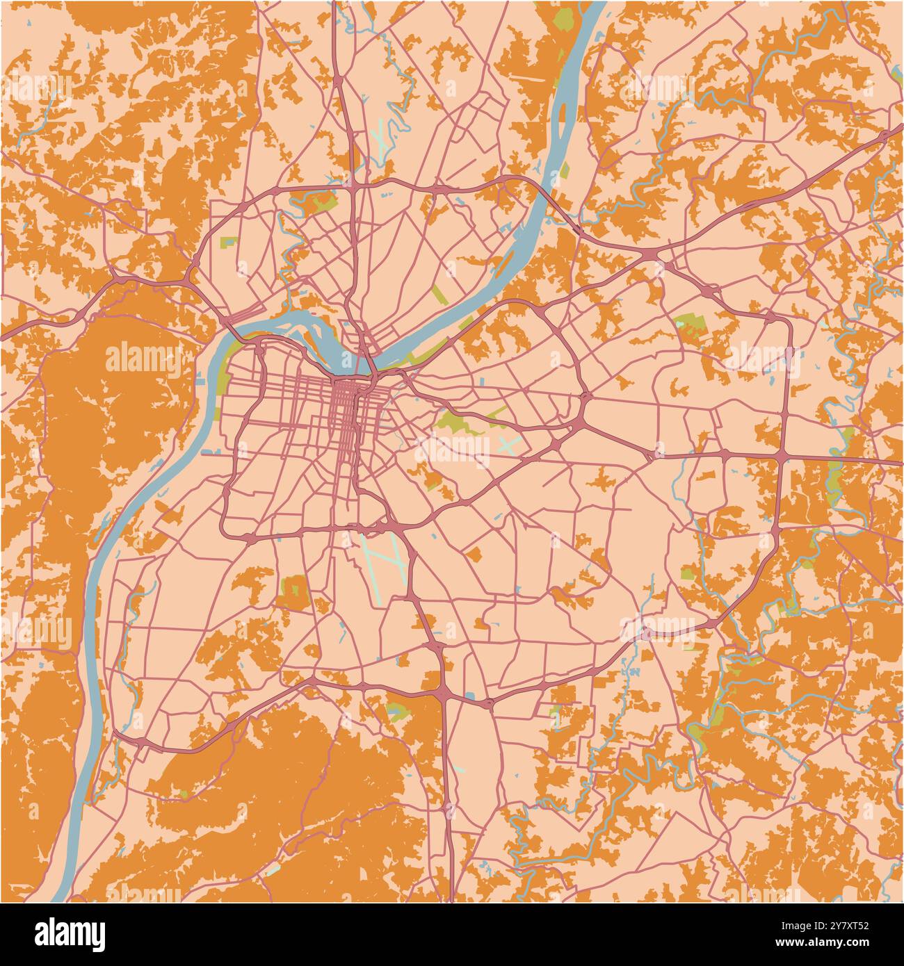 Map of Louisville in Kentucky in a sandy theme. Contains layered vector with roads water, parks ...