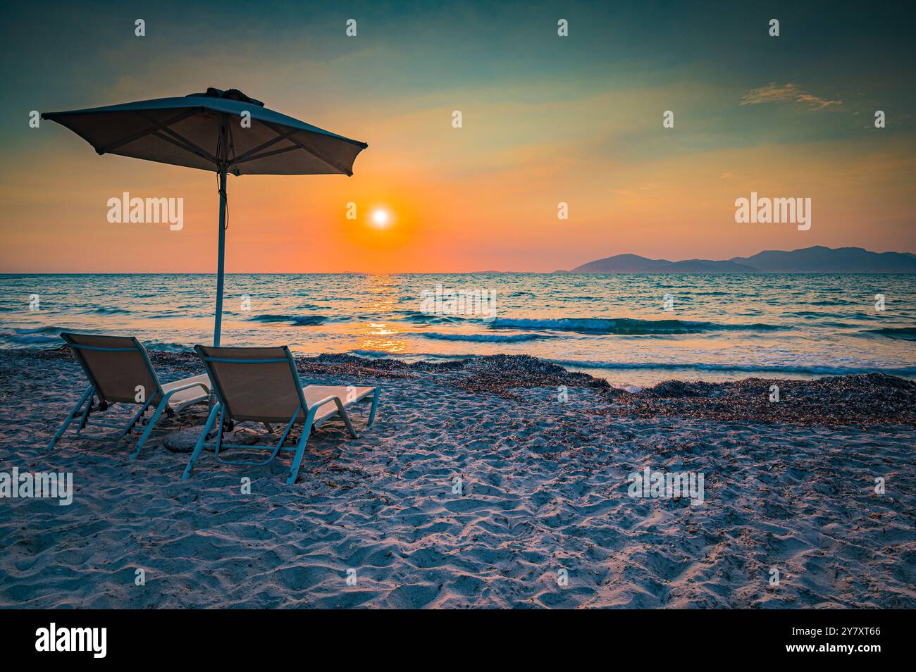 Beach on Kos island near Mastichari town in summer at sunset ...