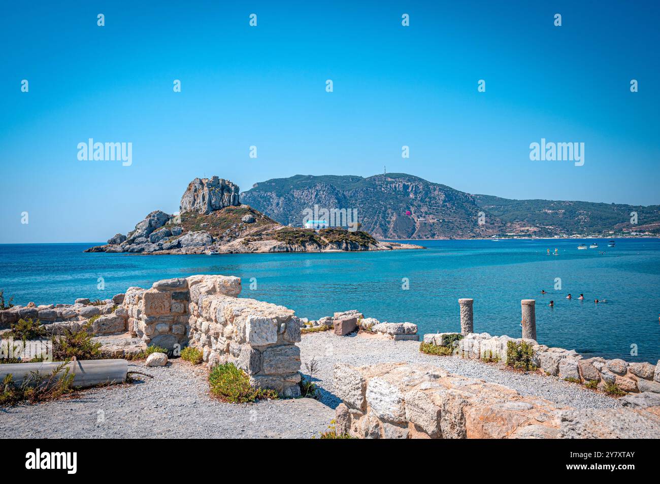 View of a small chapel on the island of Kastri from Kefalos, Kefalos ...
