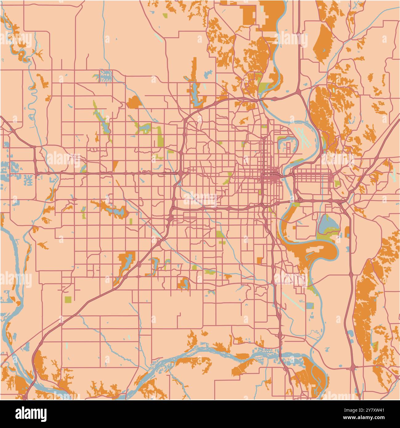 Map of Omaha in Nebraska in a sandy theme. Contains layered vector with ...