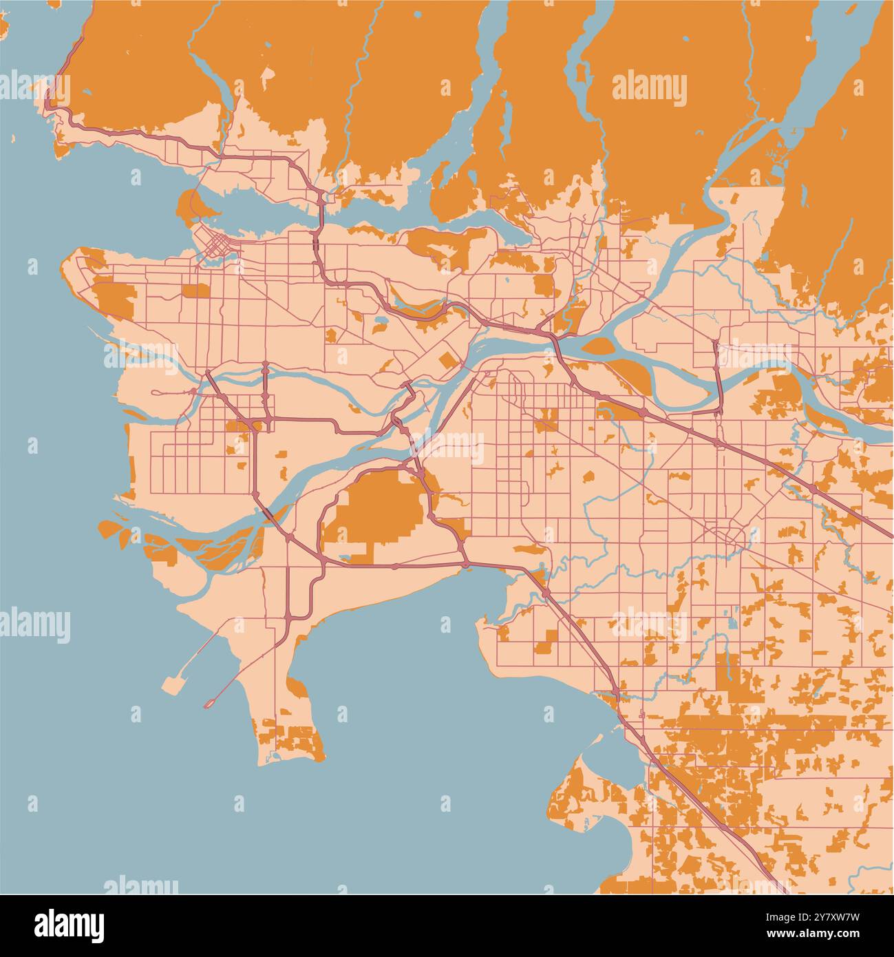 Map of Vancouver in Canada in a sandy theme. Contains layered vector ...