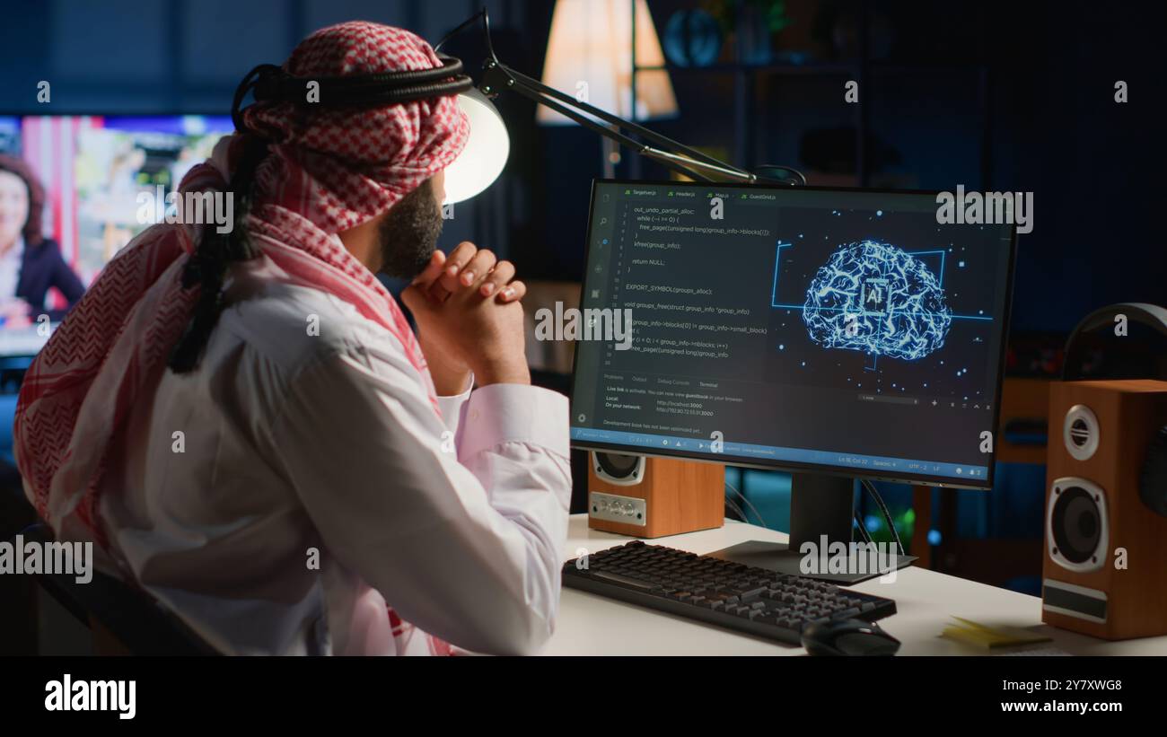 Arab admin using computer to visualize artificial intelligence neural networks made up of ...