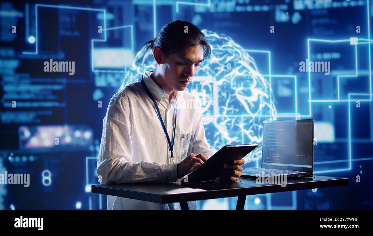Productive engineer in high tech workspace uses artificial intelligence computing simulating ...