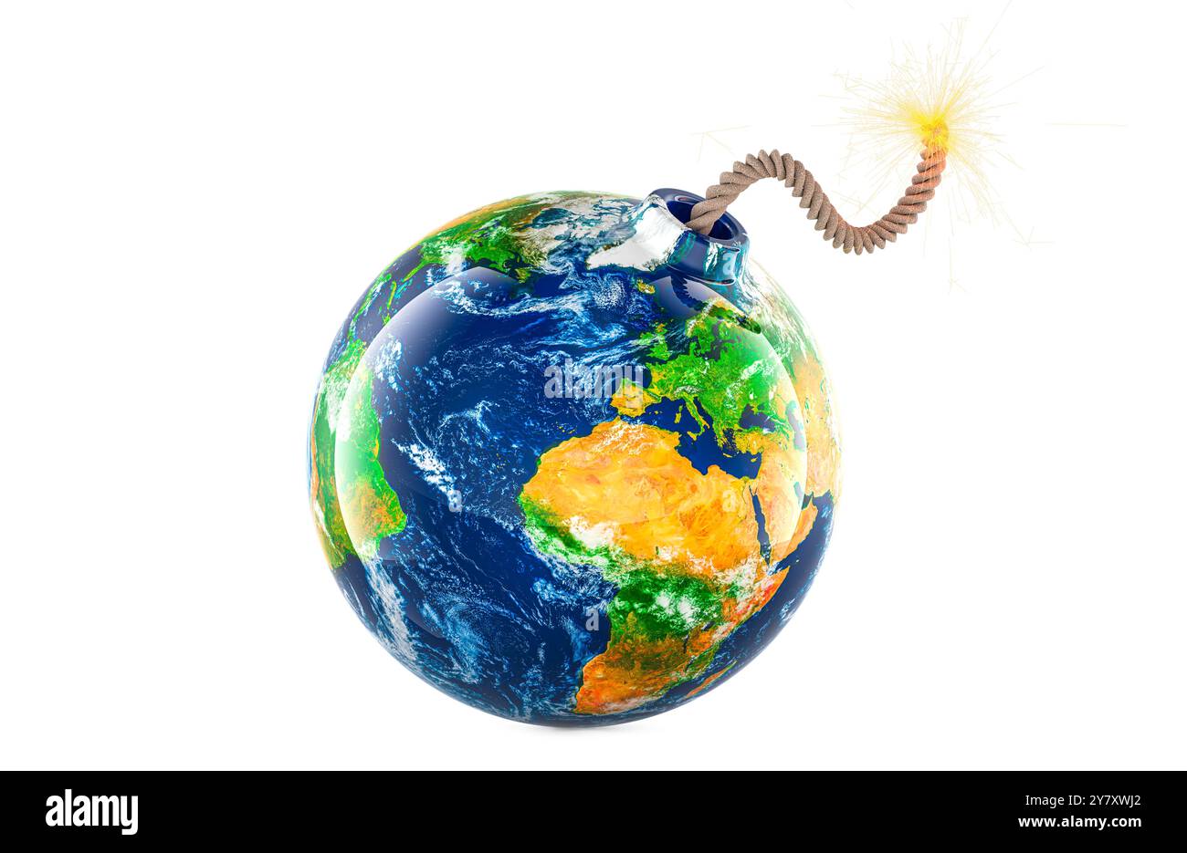 Earth Globe as bomb with burning fuse, 3D rendering isolated on white ...