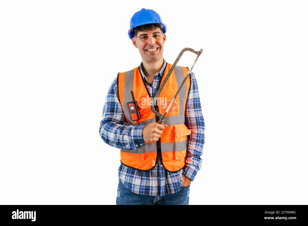 construction worker, dressed in an orange reflective vest and a safety ...