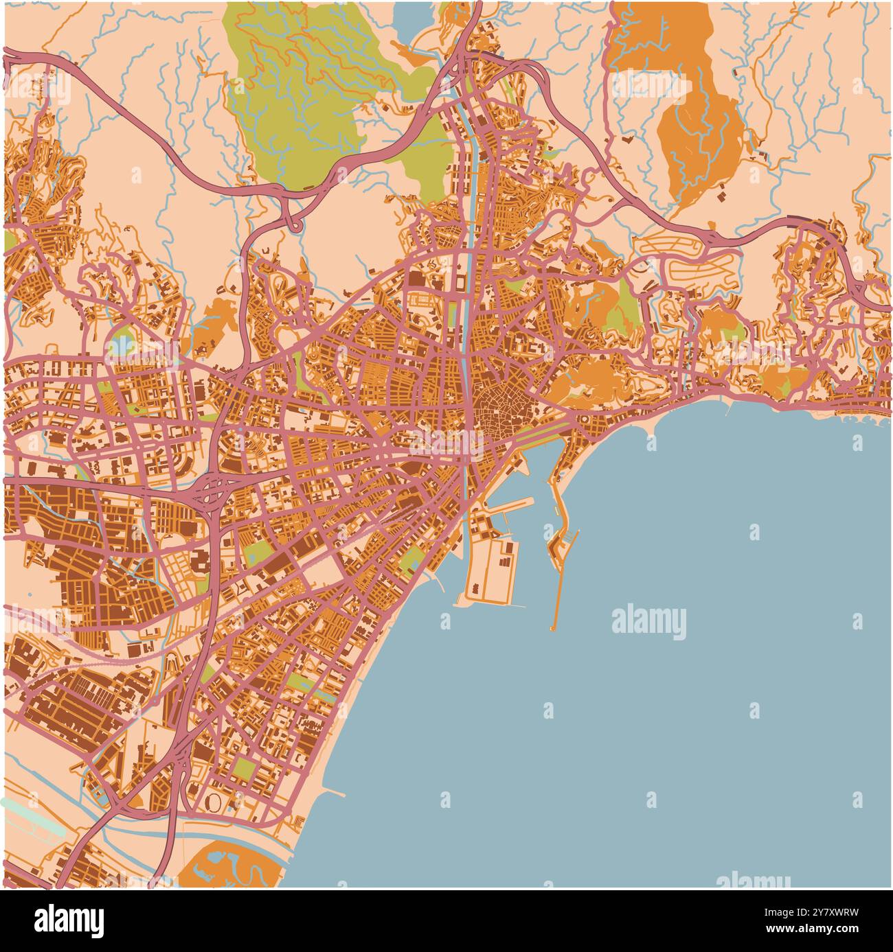Map of Malaga in Spain in a sandy theme. Contains layered vector with ...