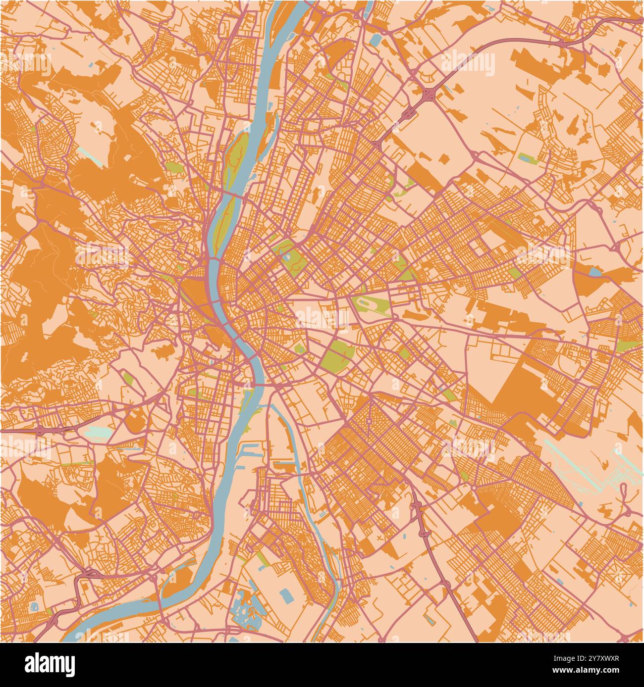 Map of Budapest in Hungary in a sandy theme. Contains layered vector with roads water, parks ...