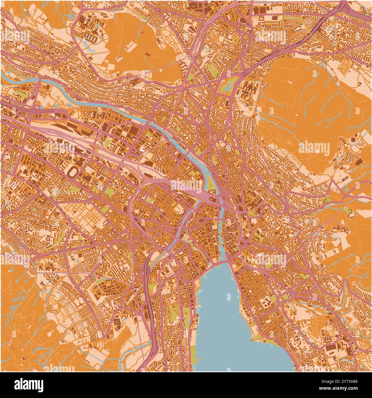 Map of Zurich in Switzerland in a sandy theme. Contains layered vector ...