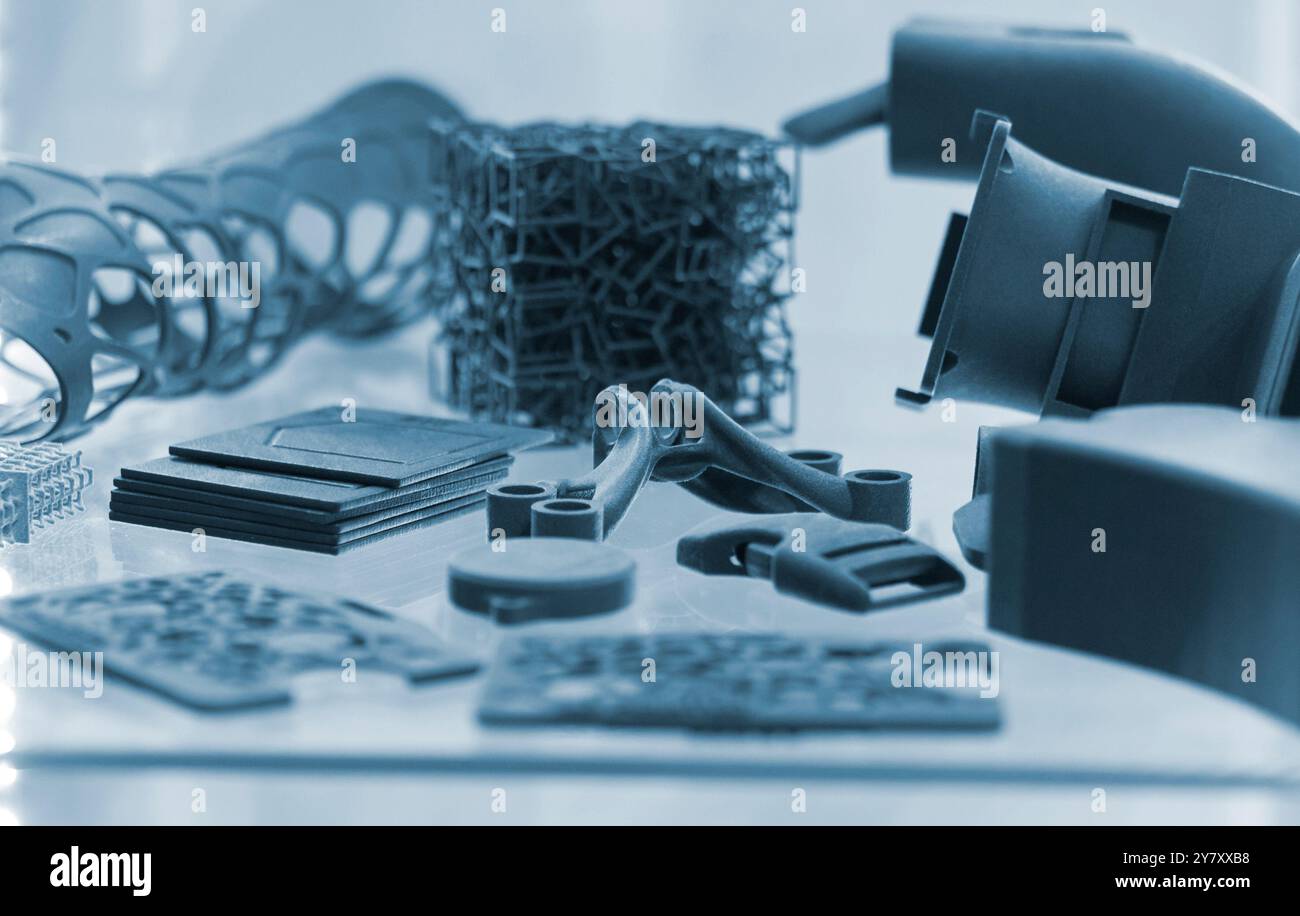 Various object printed on a 3D printer from molten plastic powder ...