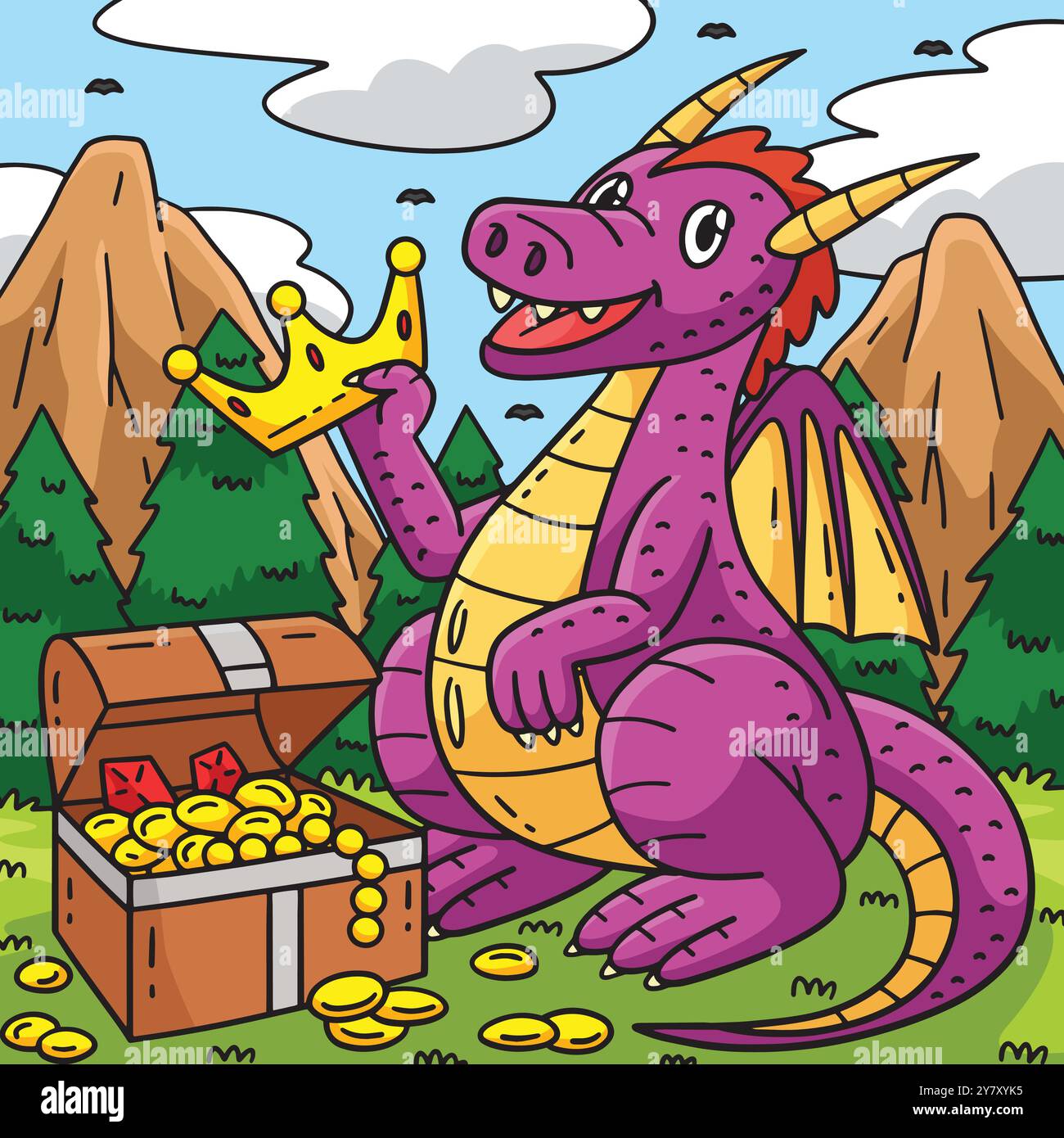 Dragon with a Treasure Chest Colored Cartoon Stock Vector Image & Art ...