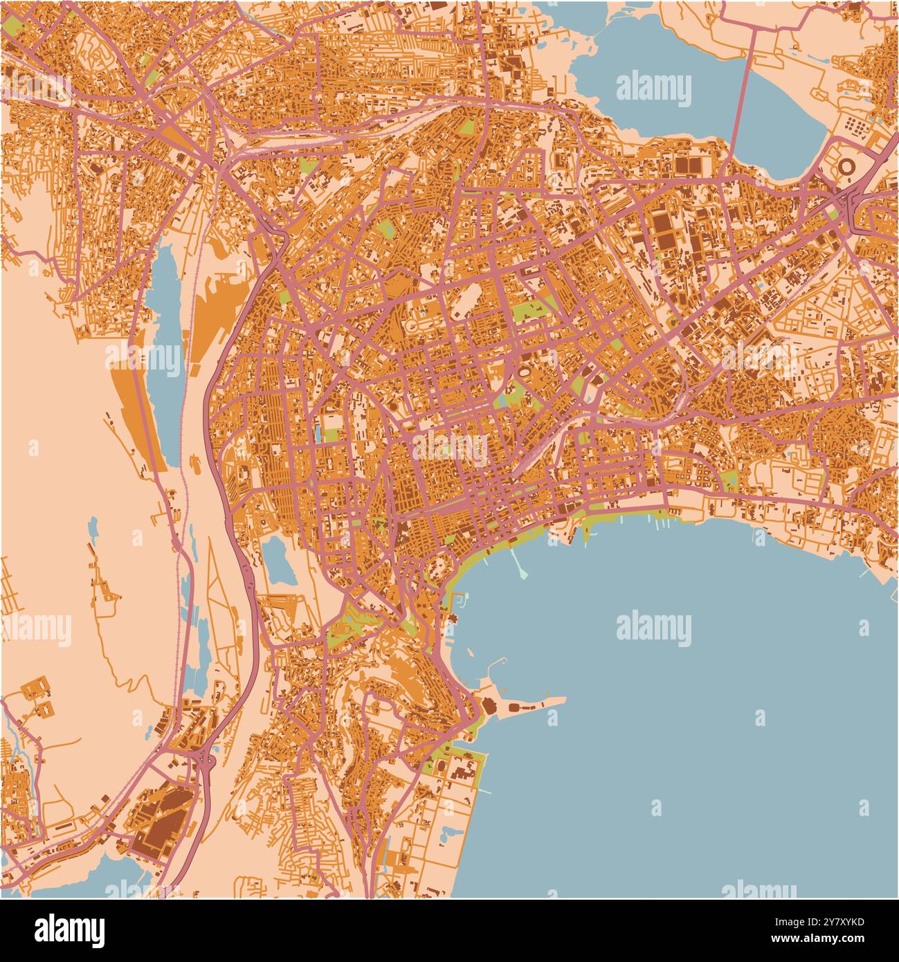 Map of Baku in Azerbaijan in a sandy theme. Contains layered vector ...