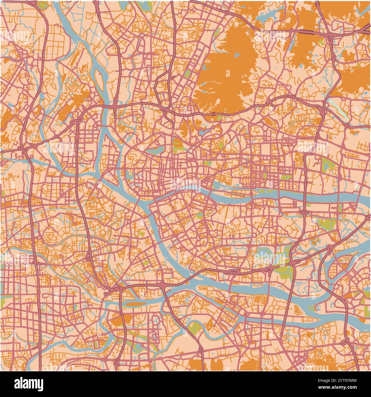 Map of Guangzhou in China in a sandy theme. Contains layered vector ...