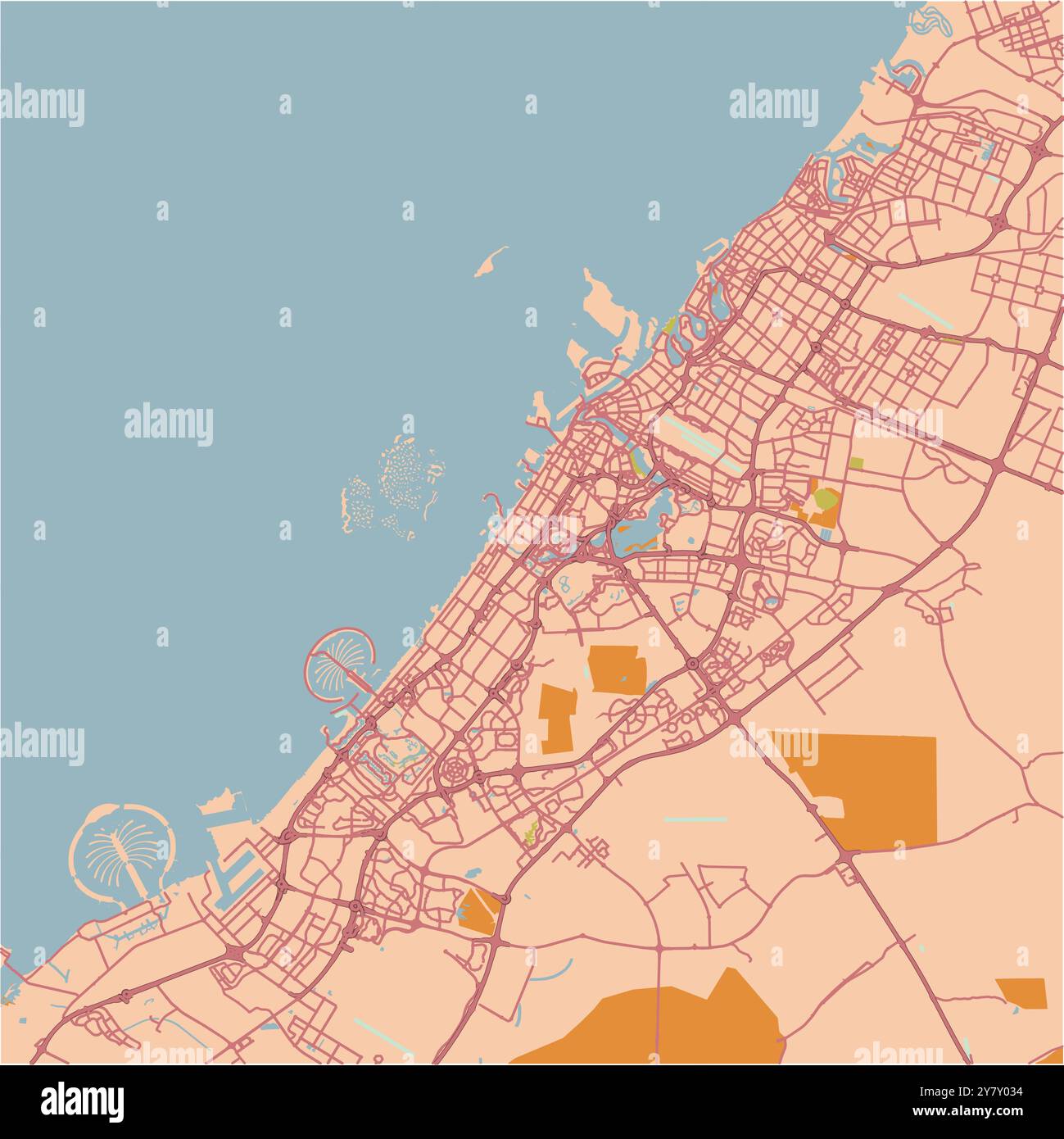 Map of Dubai in United Arab Emirates in a sandy theme. Contains layered ...