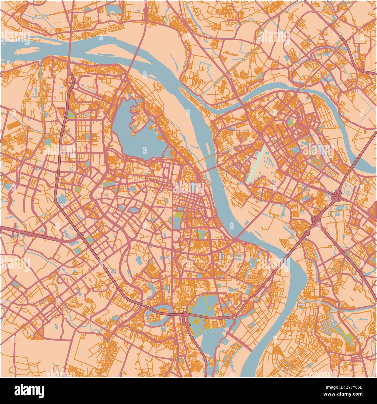 Map of Hanoi in Vietnam in a sandy theme. Contains layered vector with roads water, parks, etc ...