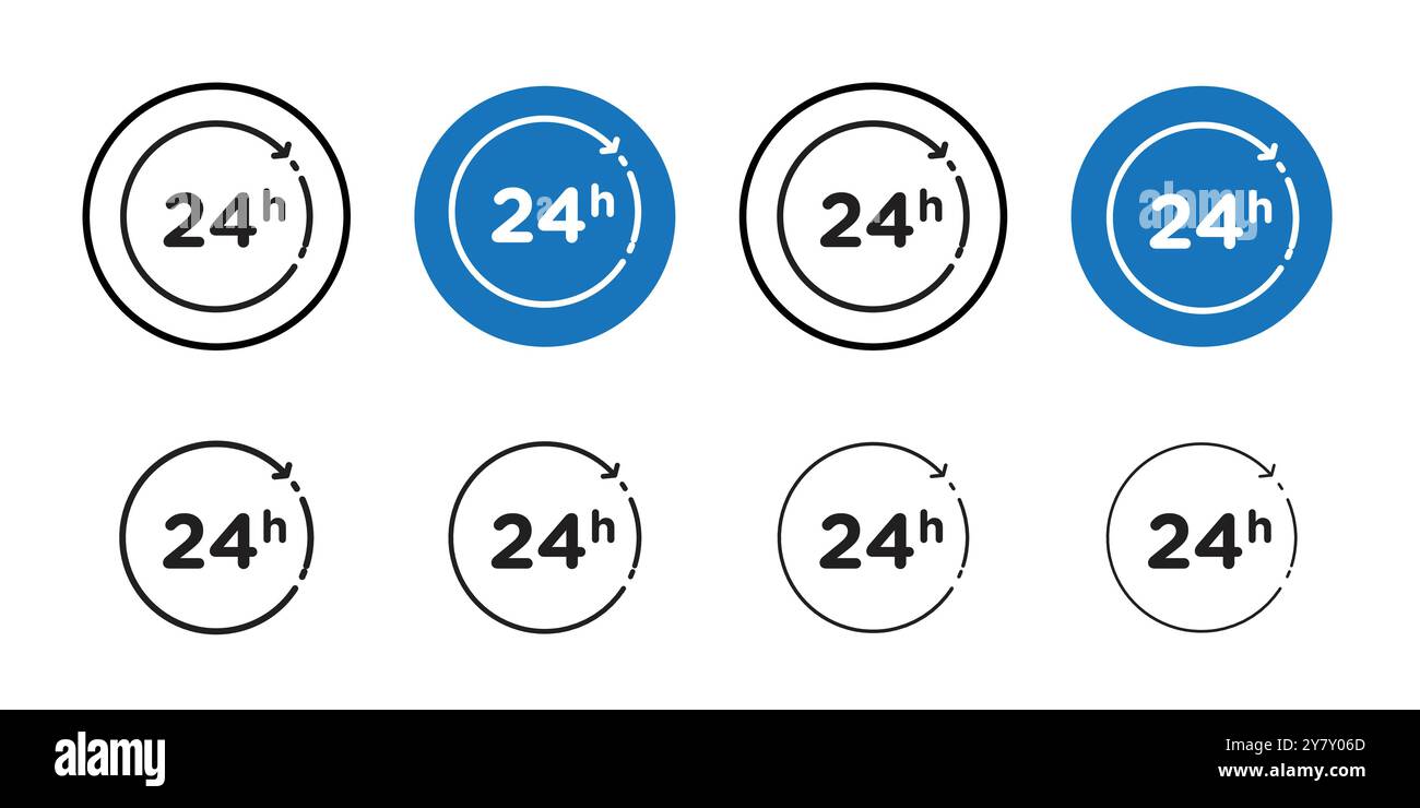 24 hours icon Black line art vector in black and white outline set ...