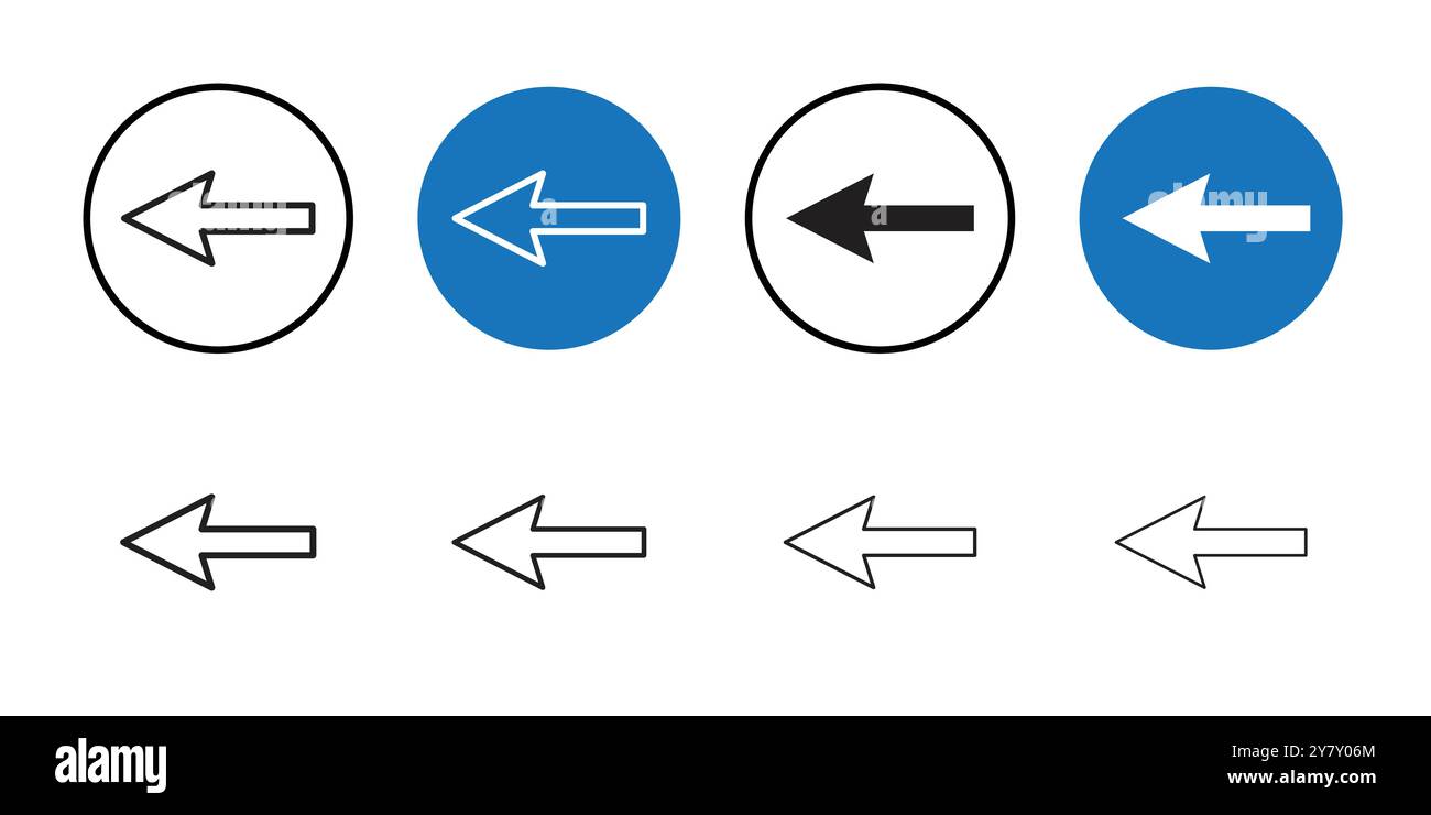 Arrow left icon Black line art vector in black and white outline set ...