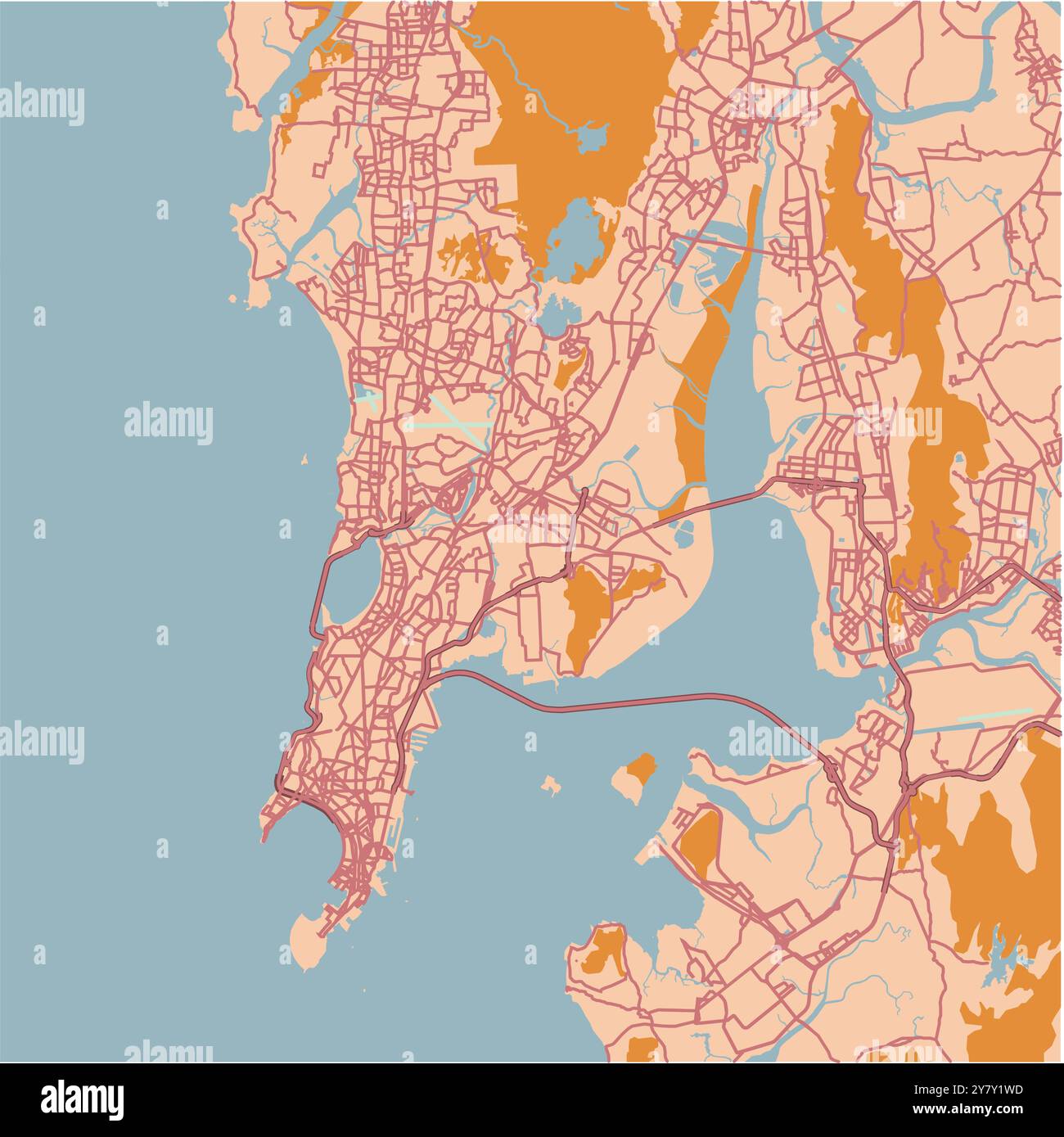 Map of Mumbai in India in a sandy theme. Contains layered vector with roads water, parks, etc ...