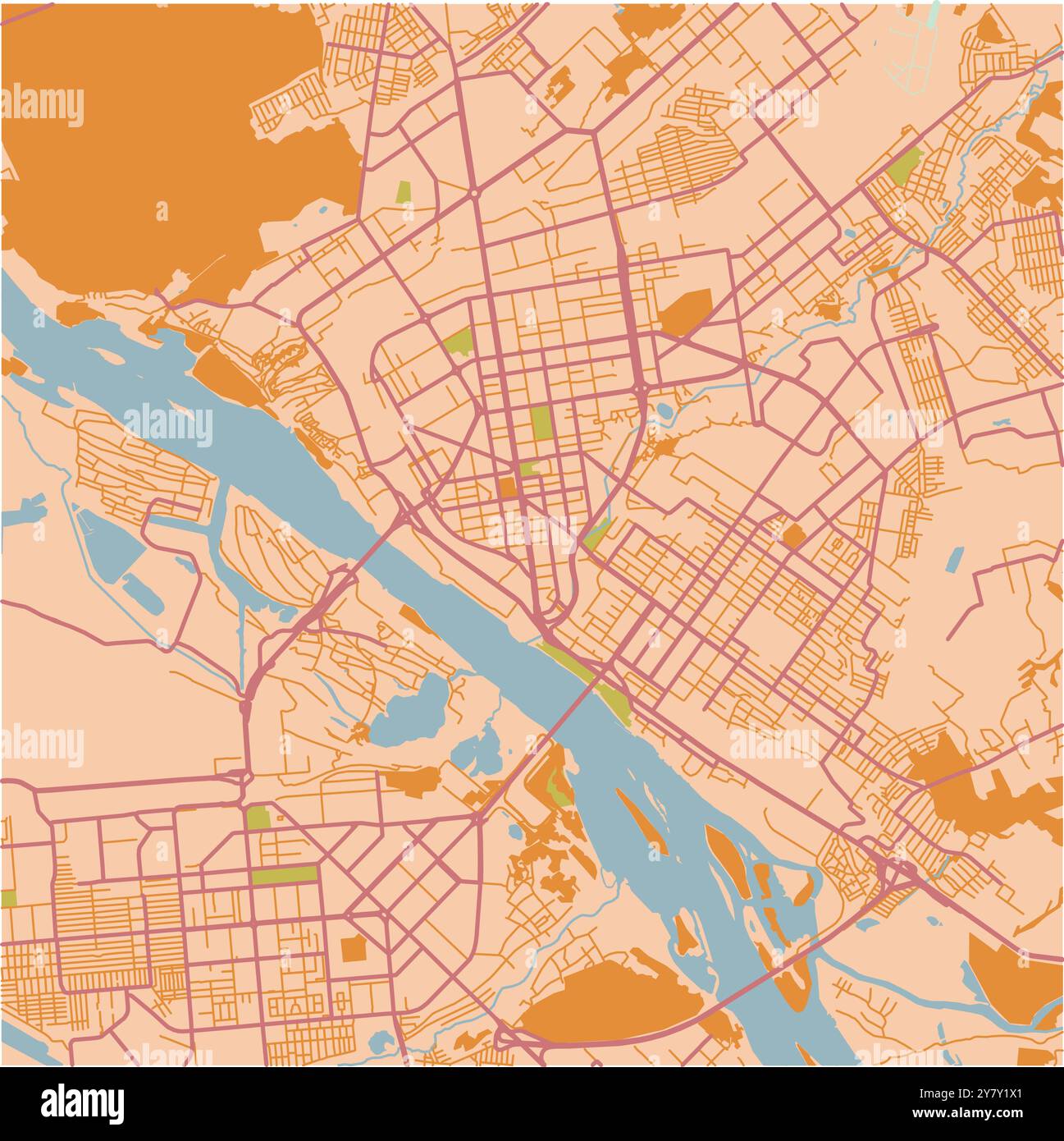 Map of Novosibirsk in Russia in a sandy theme. Contains layered vector ...