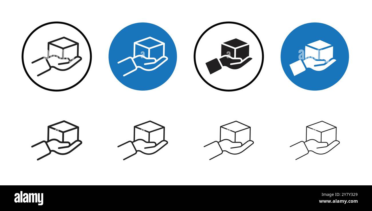 Hand holding box icon Black line art vector in black and white outline ...