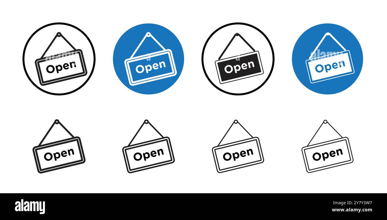 Open sign Black line art vector in black and white outline set ...