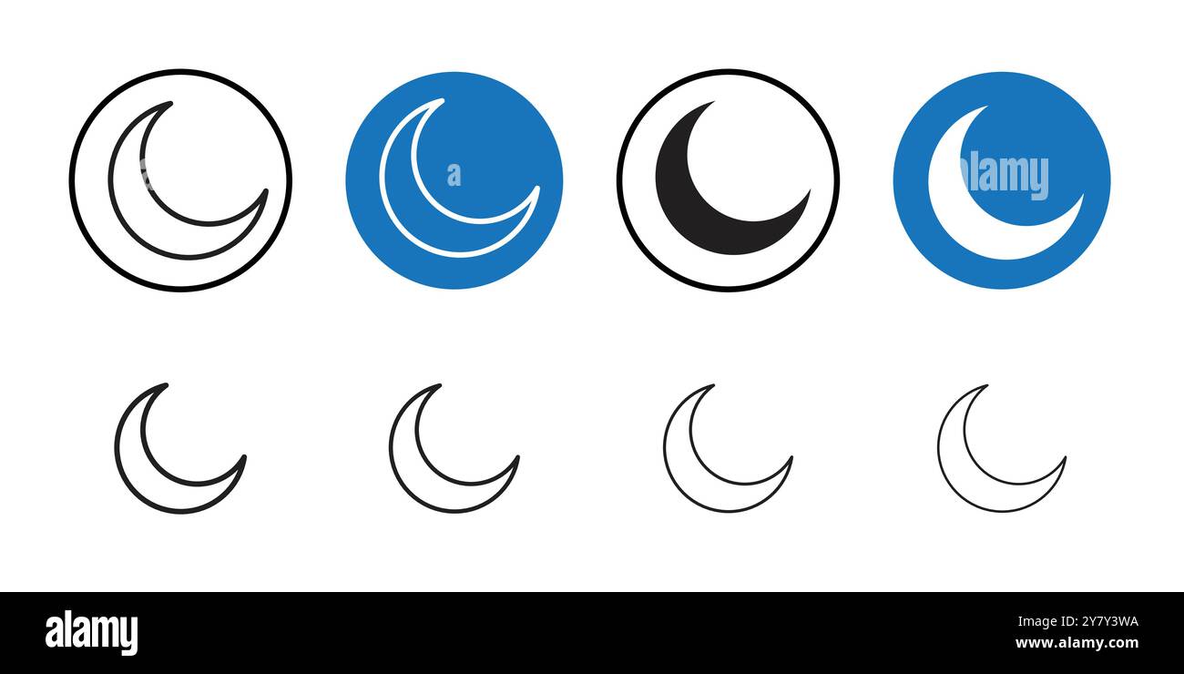 Moon icon Black line art vector in black and white outline set ...