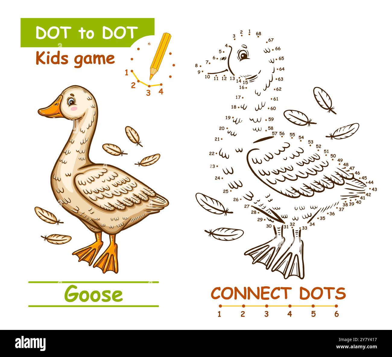 Cute goose duck farm bird, connect dot number child education puzzle game. Gosling swan ...