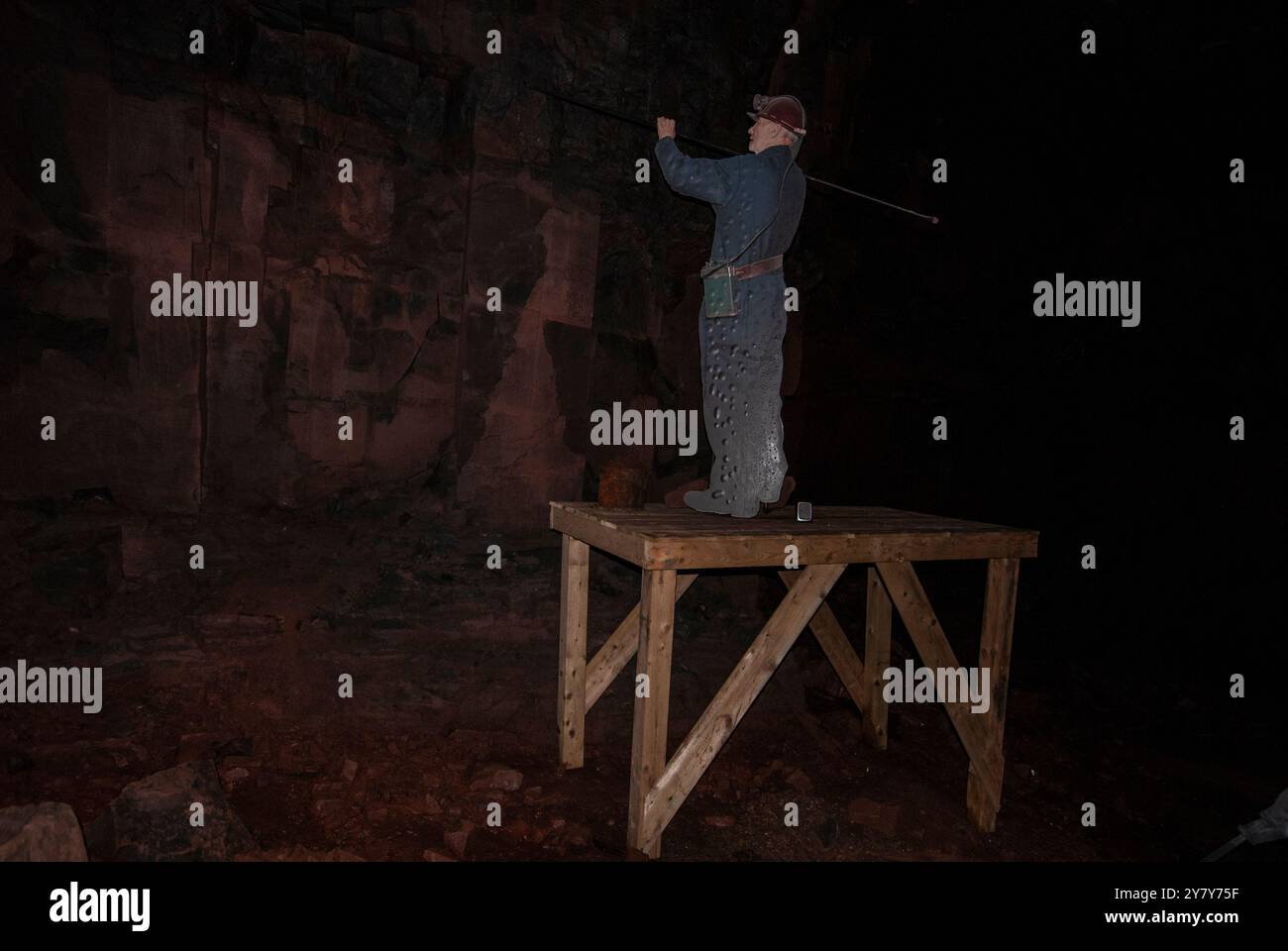 Mine worker sign on a wooden platform inside tunnel of Number 2 Mine ...