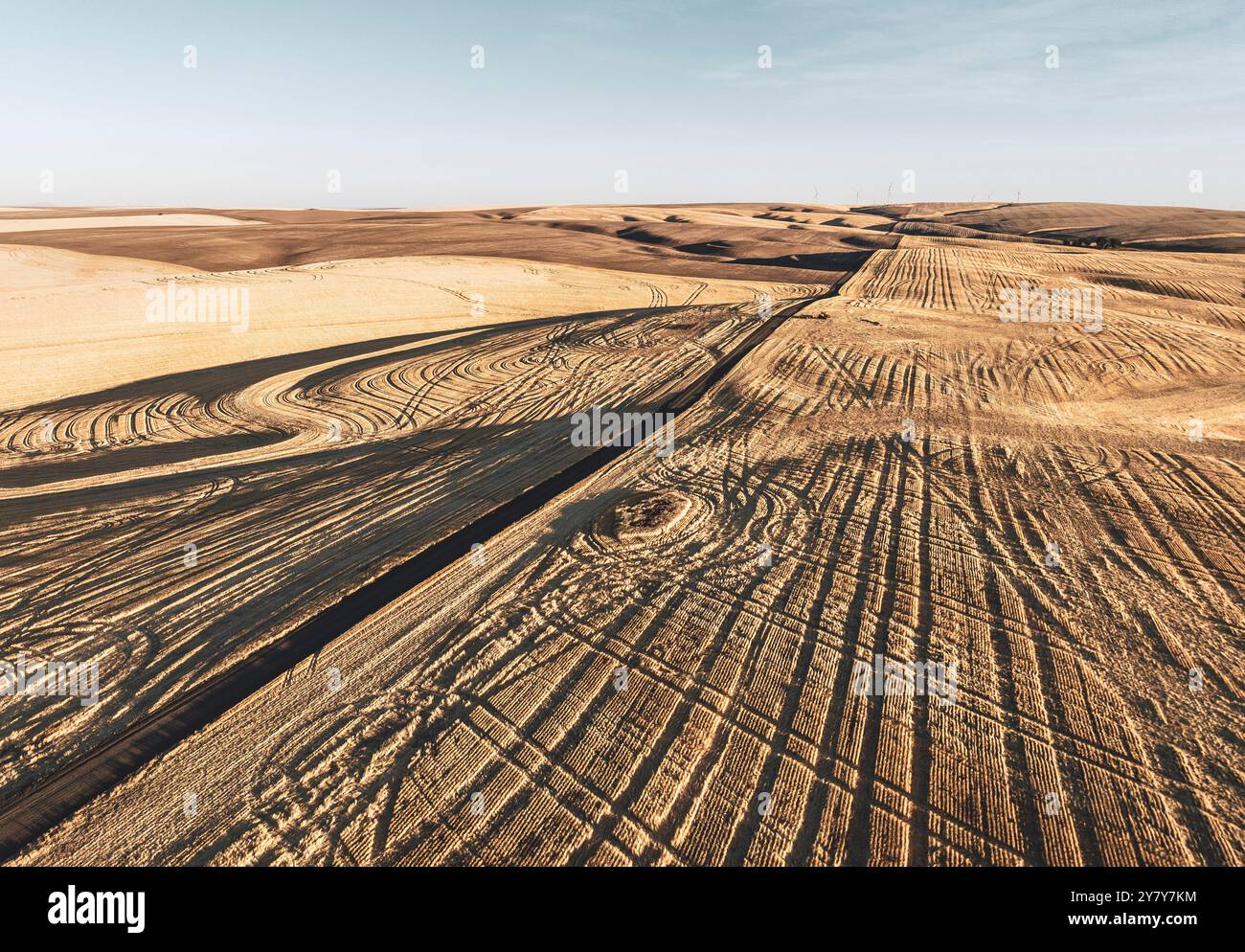 Aerial drone view of wheat fields after harvest in the Palouse region ...