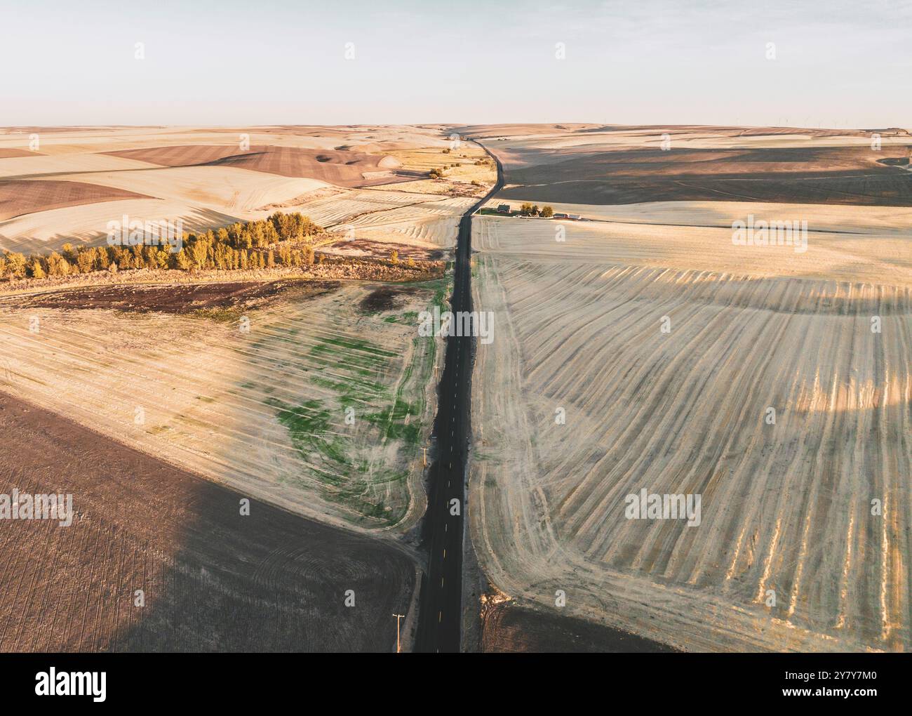 Aerial drone view of wheat fields after harvest in the Palouse region ...
