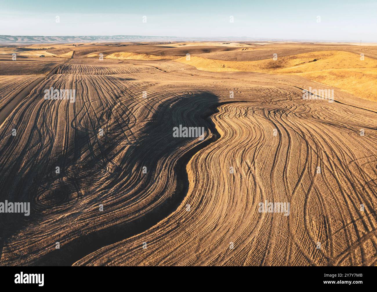 Aerial drone view of wheat fields after harvest in the Palouse region ...