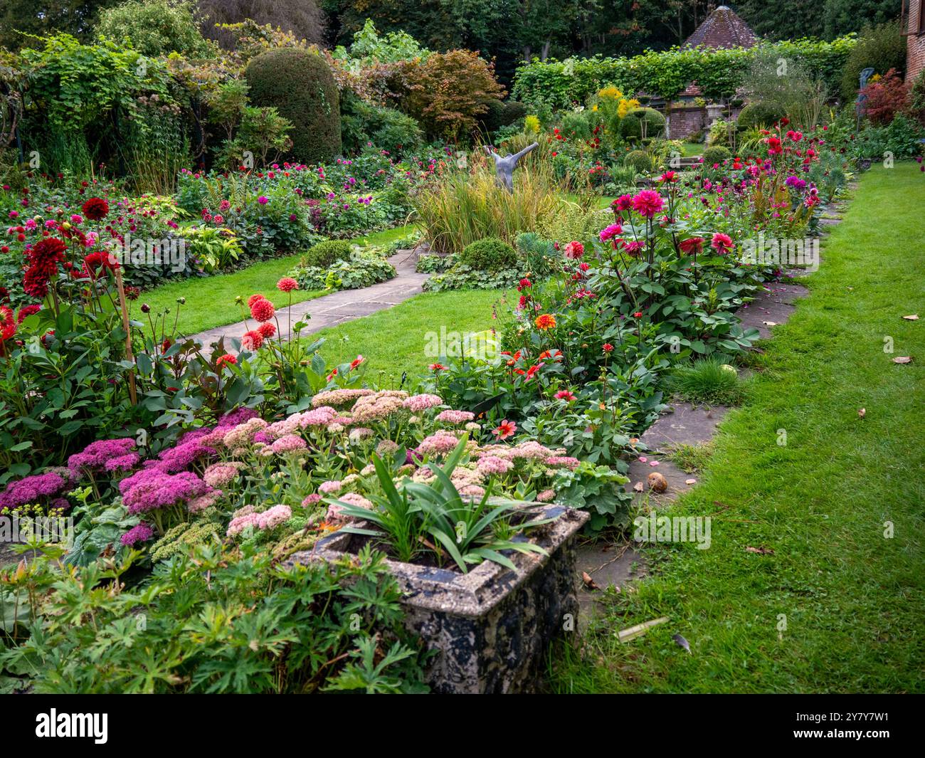 Chenies Manor Sunken Garden in September with red, purple, orange dahlias in full bloom.Featured ...