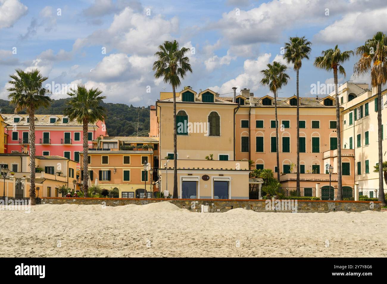 View from the sandy beach of the old fishing village on the Italian ...