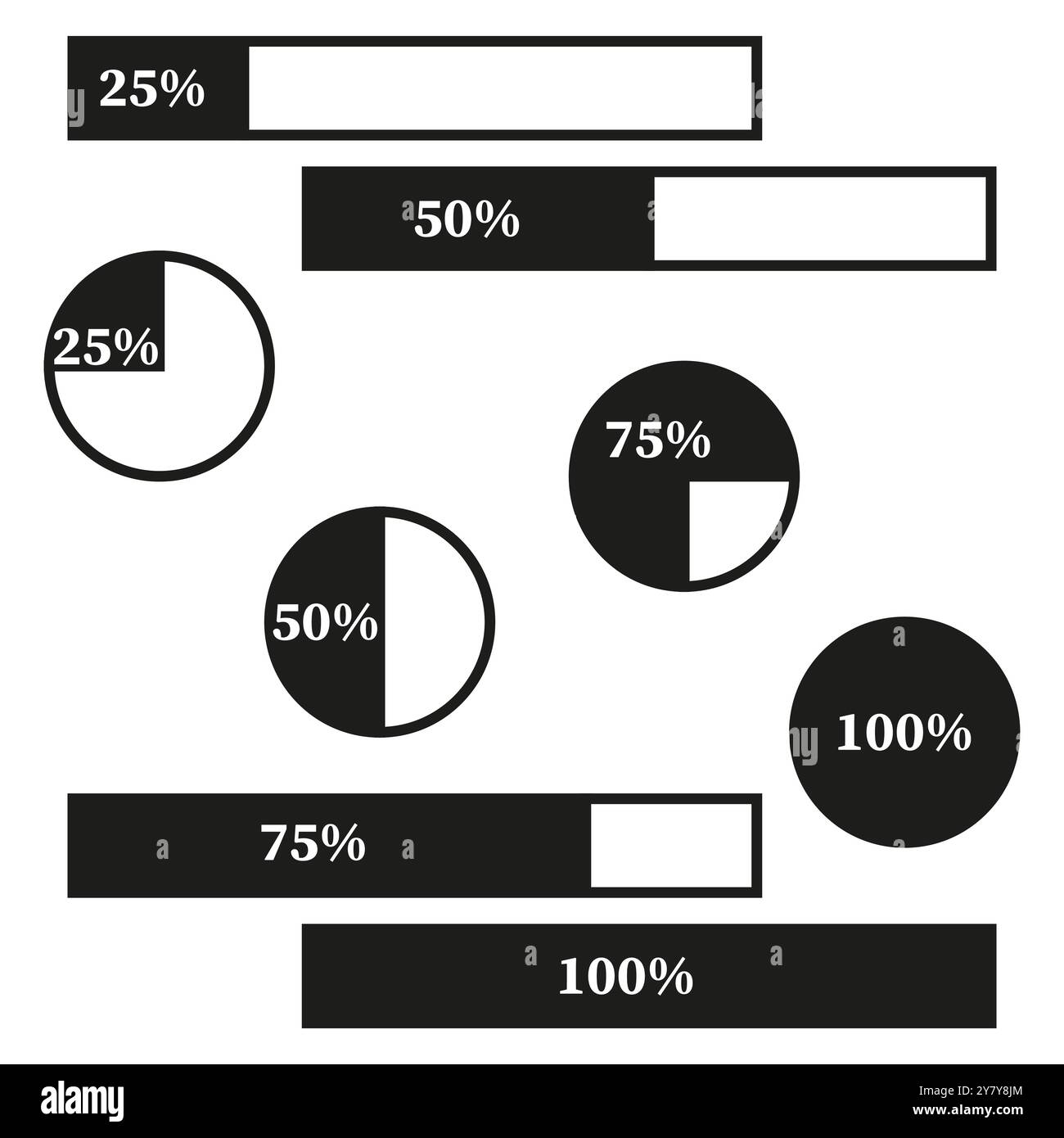 Percentage bars and pie charts. Black and white progress indicators. Data visualization elements ...