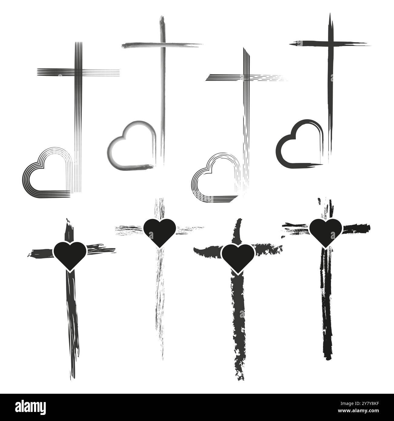 Cross and heart symbols. Religious faith and love theme. Rough brush ...