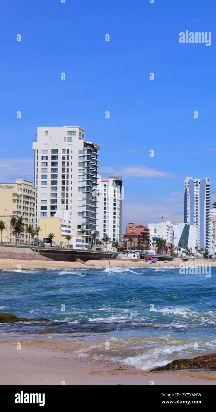 Panoramic view of Mazatlan sea promenade and waterfront El Malecon with ...
