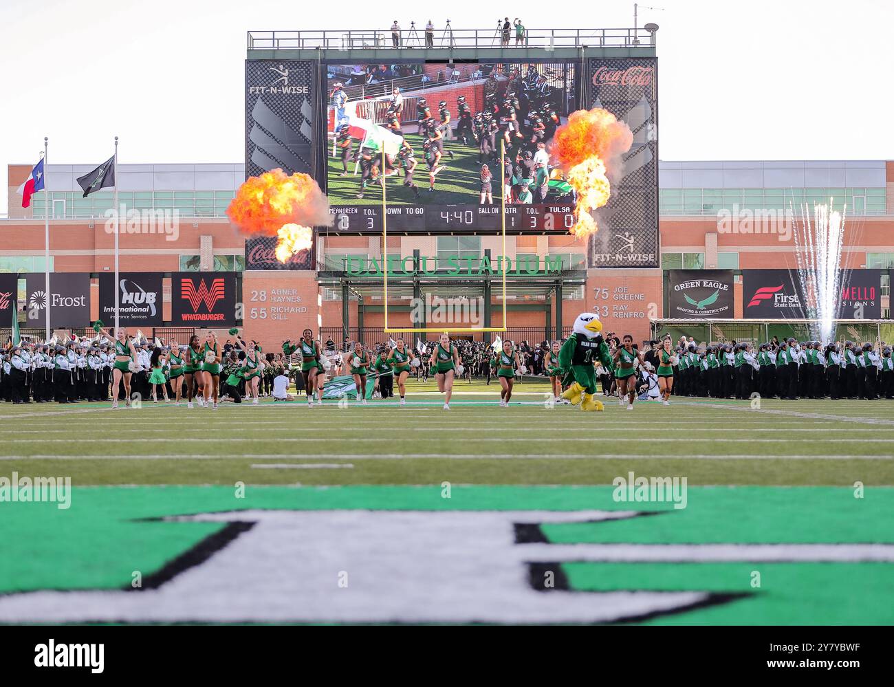 September 28, 2024:.Fire and fireworks as the North Texas Mean Green ...